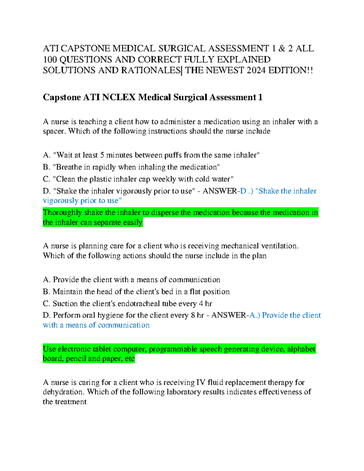 ATI Capstone Medical-Surgical Assessment 1 & 2 Comprehensive Study ...