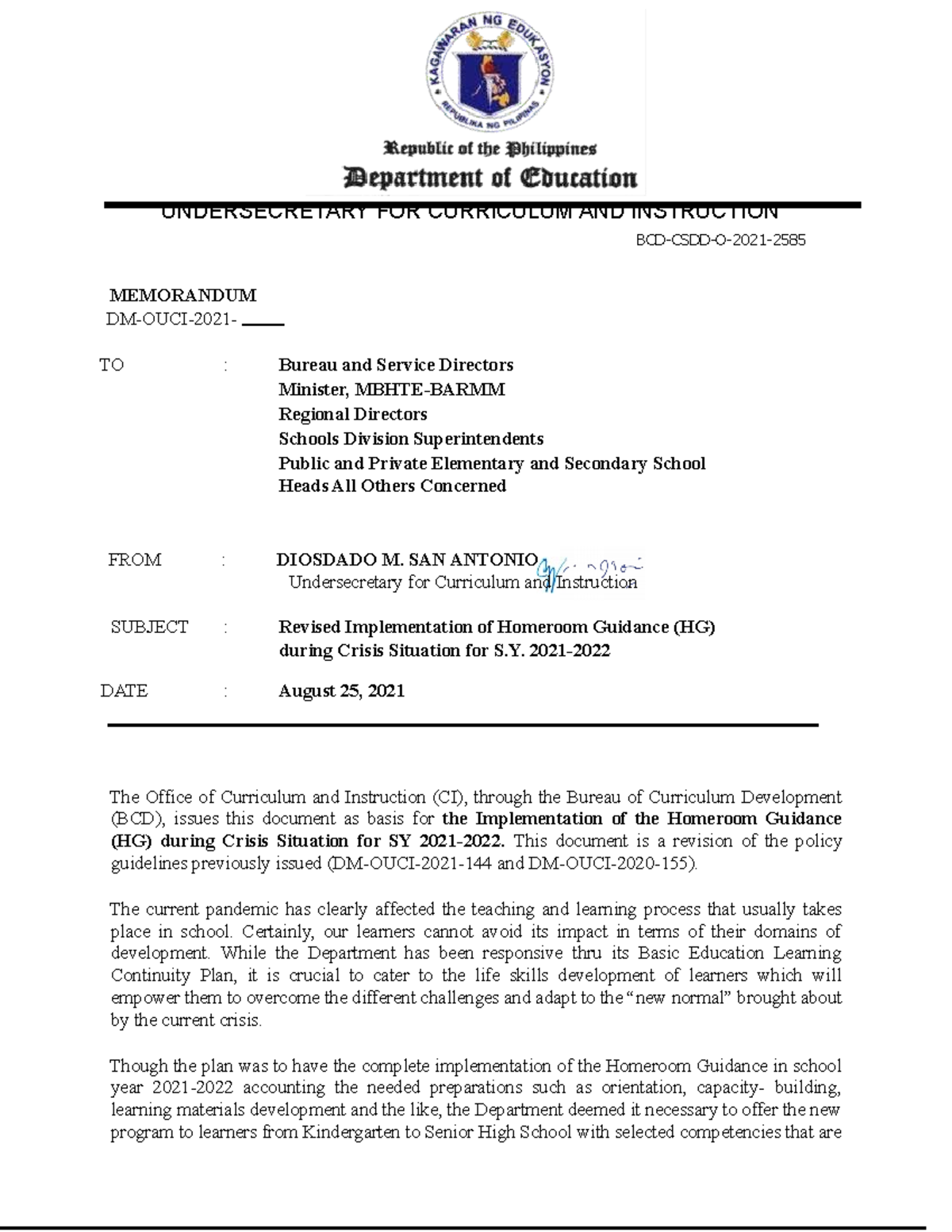 Revised Implementation of Homeroom Guidance (HG) during Crisis for SY 2021-2022 - Studocu