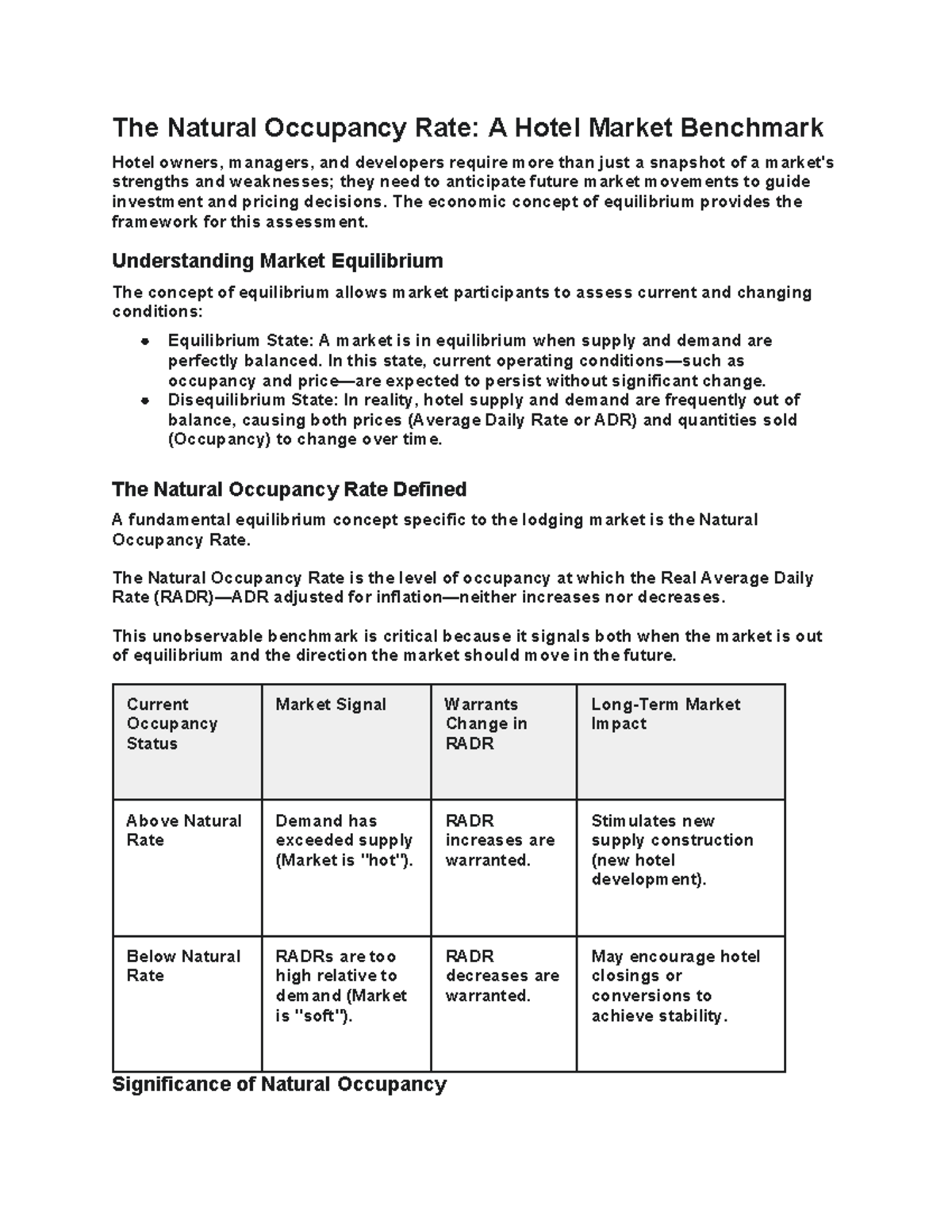 Natural Occupancy Rate: A Benchmark for Hotel Market Analysis - Studocu
