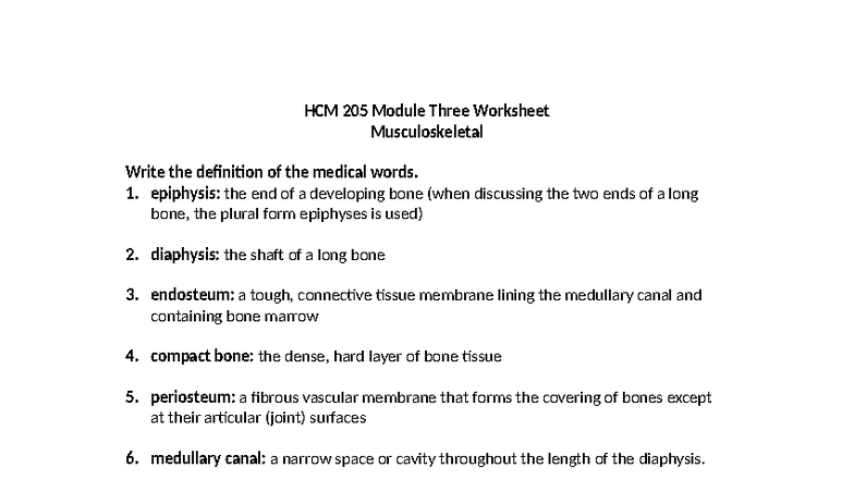 HCM 205 Module 3 Worksheet: Musculoskeletal Medical Terms Definitions ...