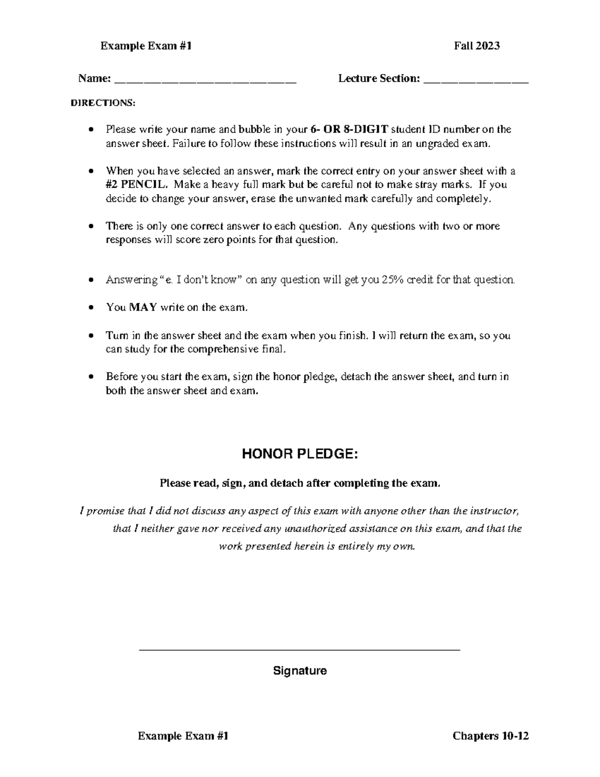 CHE 107 Example Exam 1: Fall 2023 Instructions & Questions - Studocu