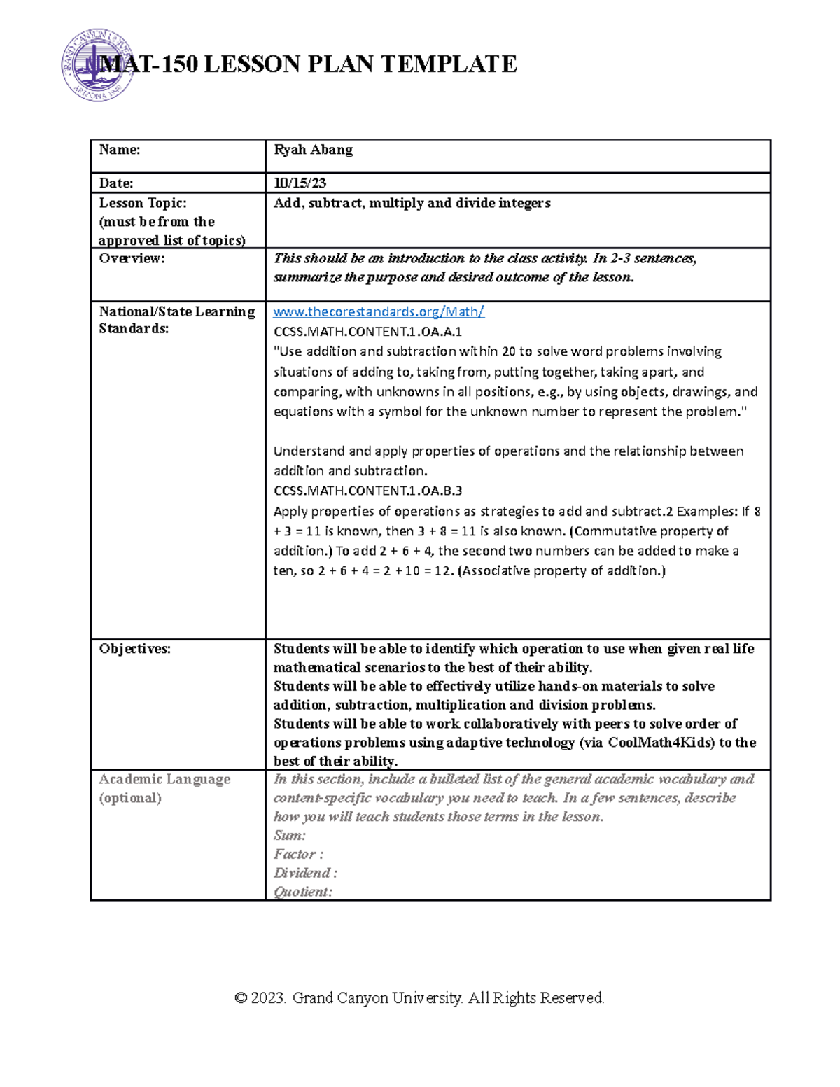 MAT-150 Lesson Plan Template: Teaching Operations with Integers - Studocu