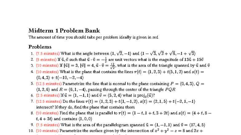 Midterm 1 Problem Bank: Vector and Plane Geometry Questions - Studocu