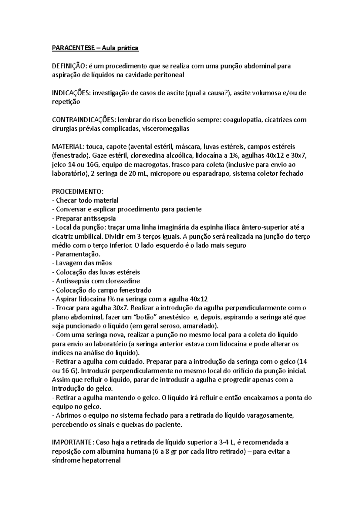 Paracentese – Aula Prática: Procedimentos e Indicações Gerais - Studocu