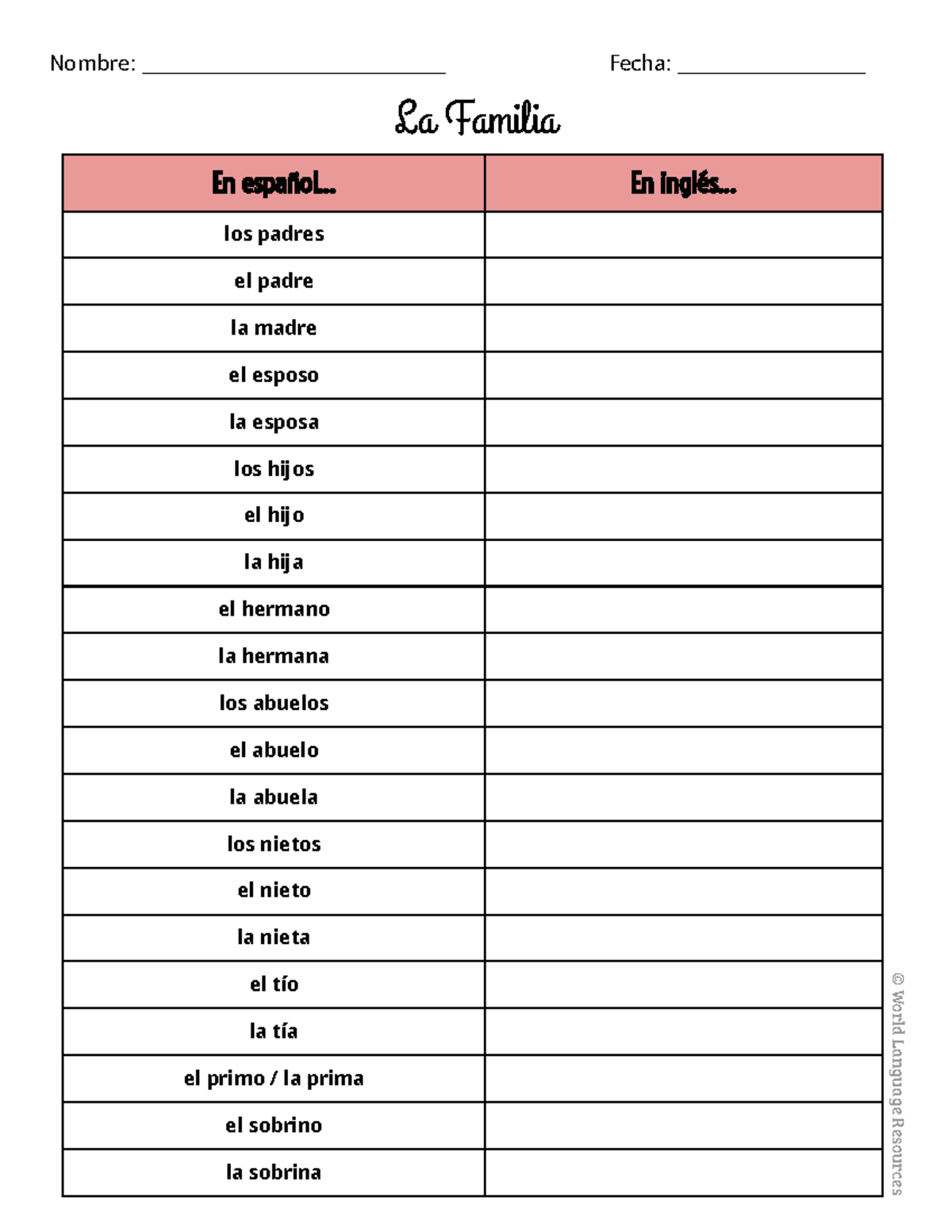 Spanish Family Unit Vocabulary Activities (WL 101) - Studocu