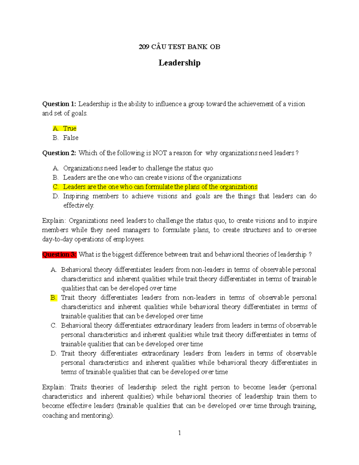 Test Bank OB - Comprehensive Leadership & Emotional Intelligence Final ...