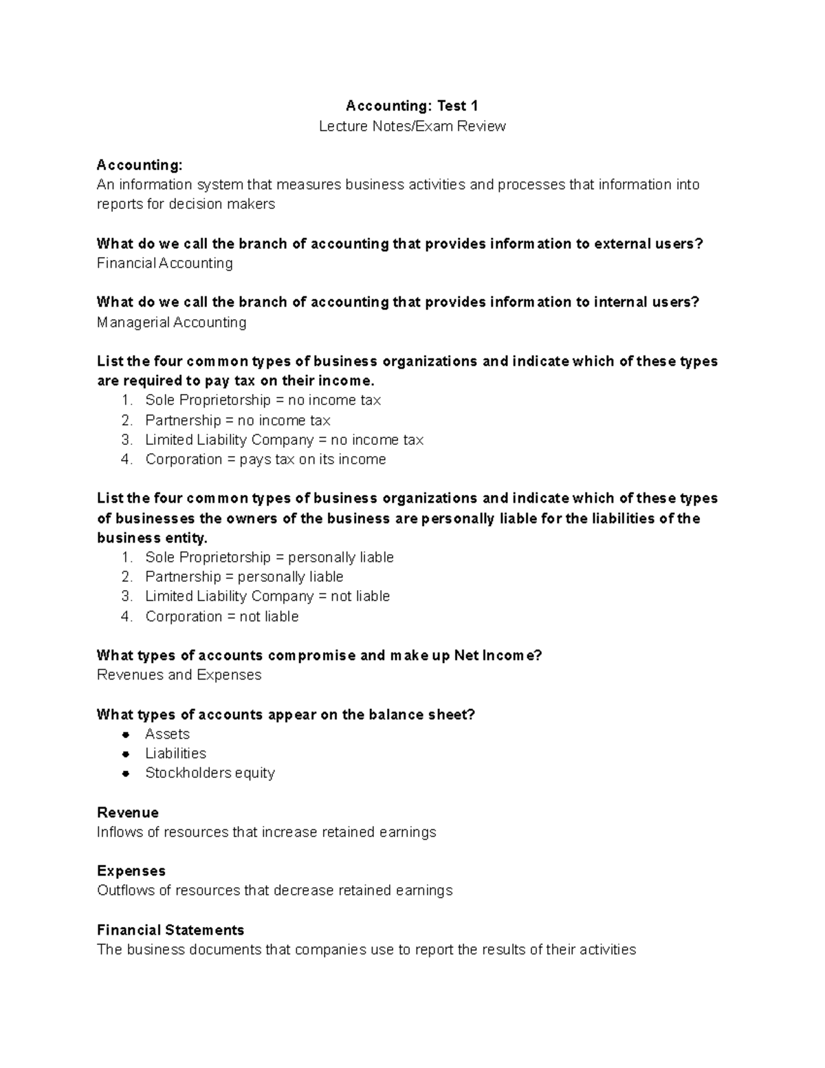 Accounting 101: Test 1 Review Notes and Key Concepts - Studocu