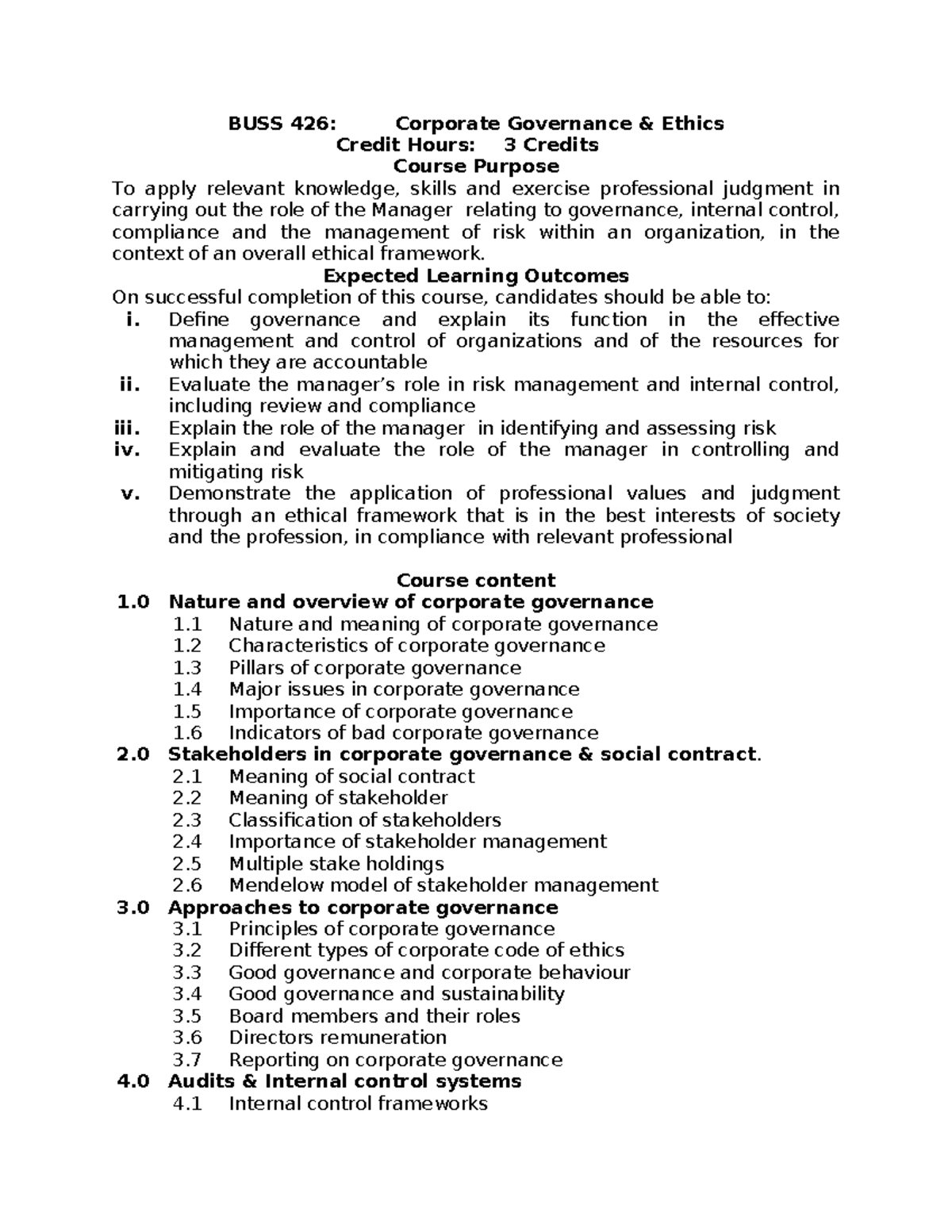 BUSS 426: Corporate Governance and Ethics Course Outline - Studocu