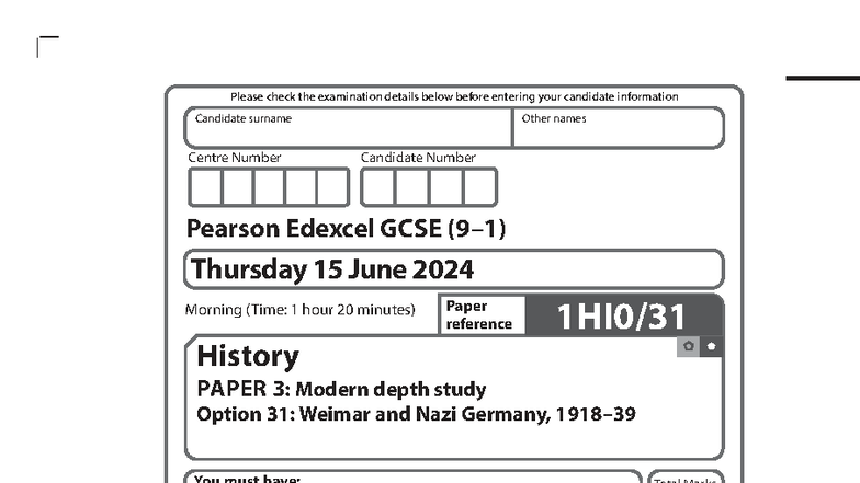 2024 GCSE History PAPER 3: Weimar and Nazi Germany Exam Details - Studocu