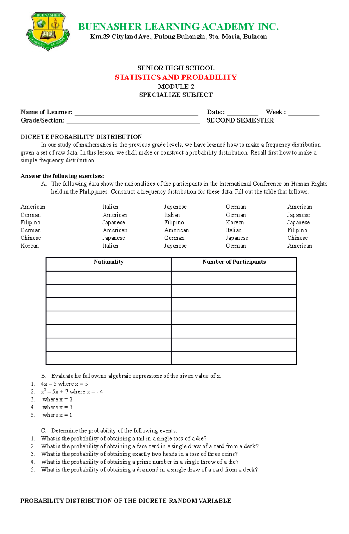 Chapter 2: Statistic and Probability Lesson 2 - BUENASHER LEARNING ...