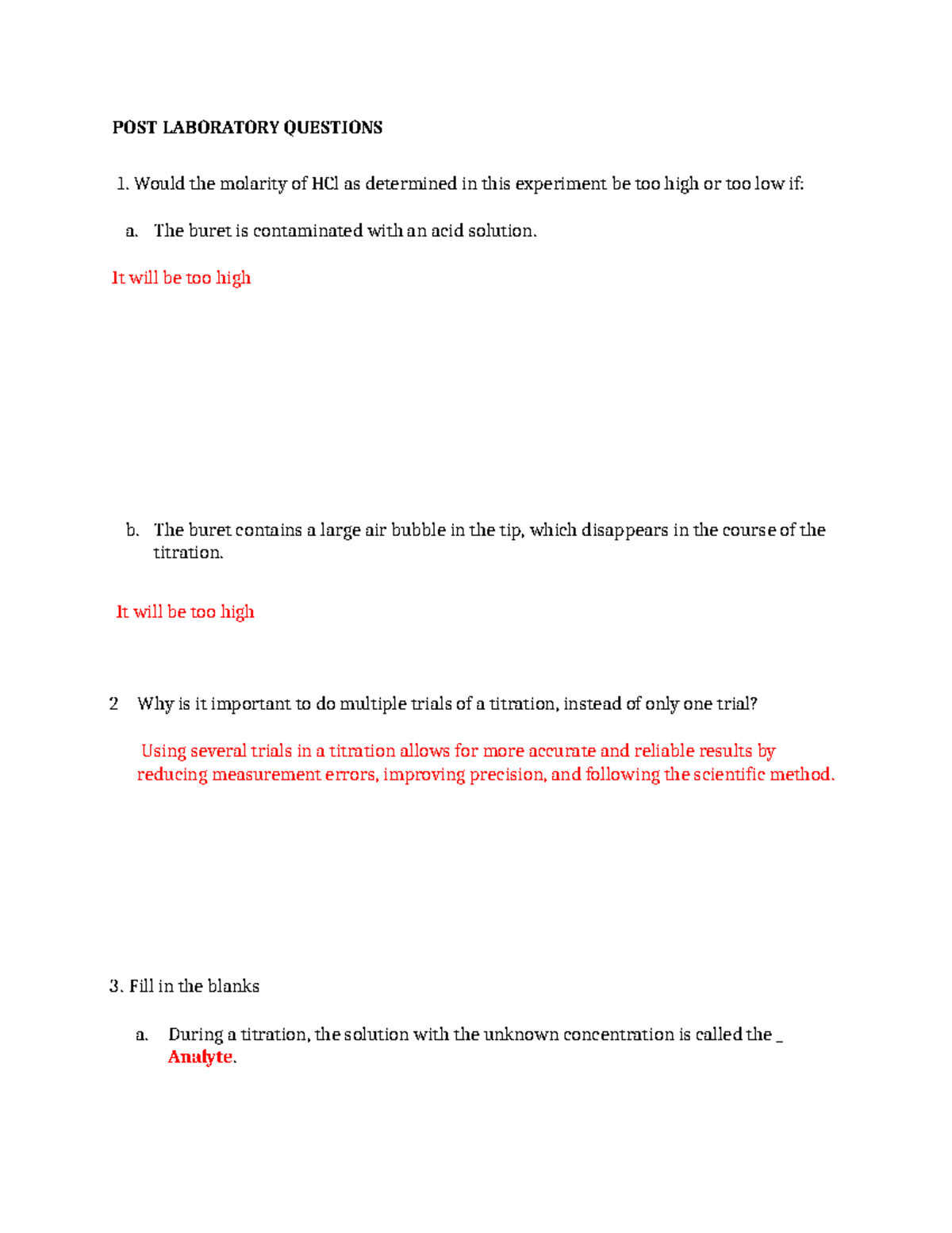 Post-Lab Questions for Chemistry Experiment: Titration Analysis - Studocu
