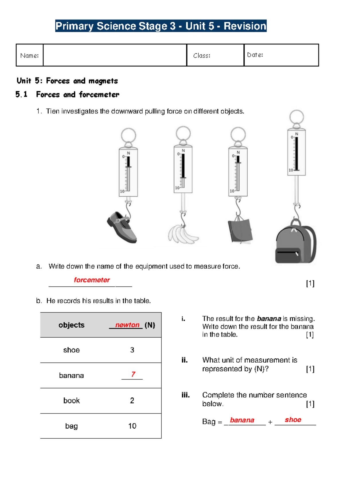 Primary Science Stage 3 Unit 5 Revision: Forces & Magnets Guide - Studocu