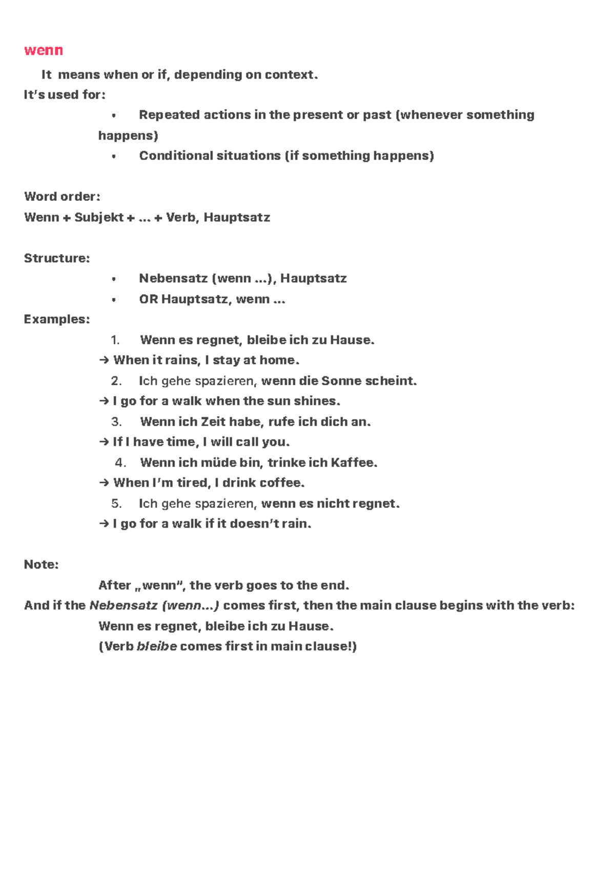 Wenn: A Brief Summary of Usage and Structure - Studocu