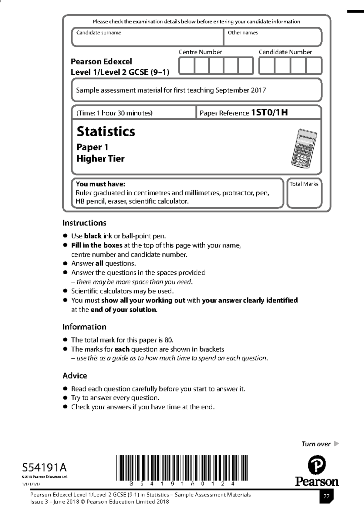 Edexcel GCSE Statistics (9-1) Sample Assessment Paper 1 - Higher Tier ...