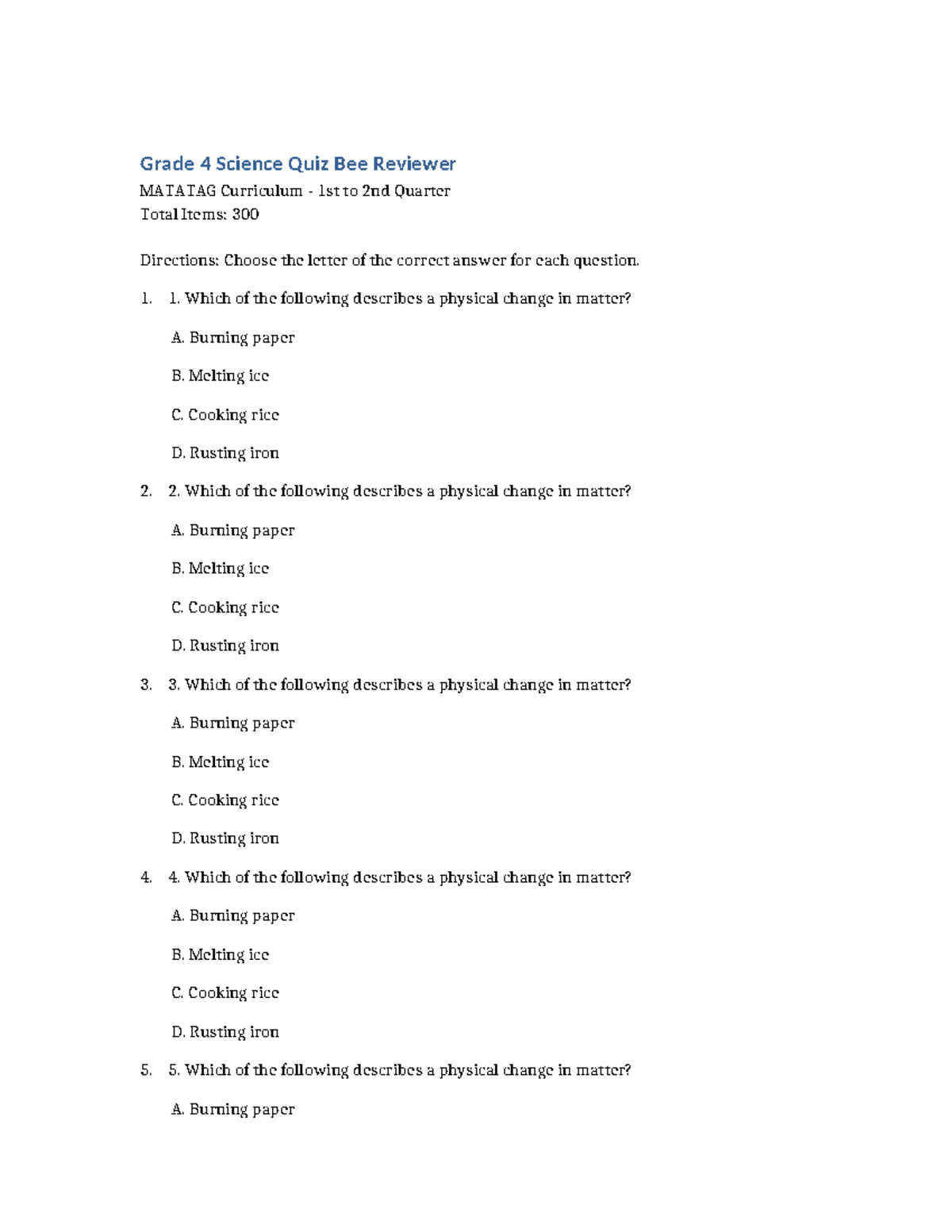 Grade 4 Science Quiz Bee Reviewer MATATAG Curriculum 1st-2nd Qtr - Studocu