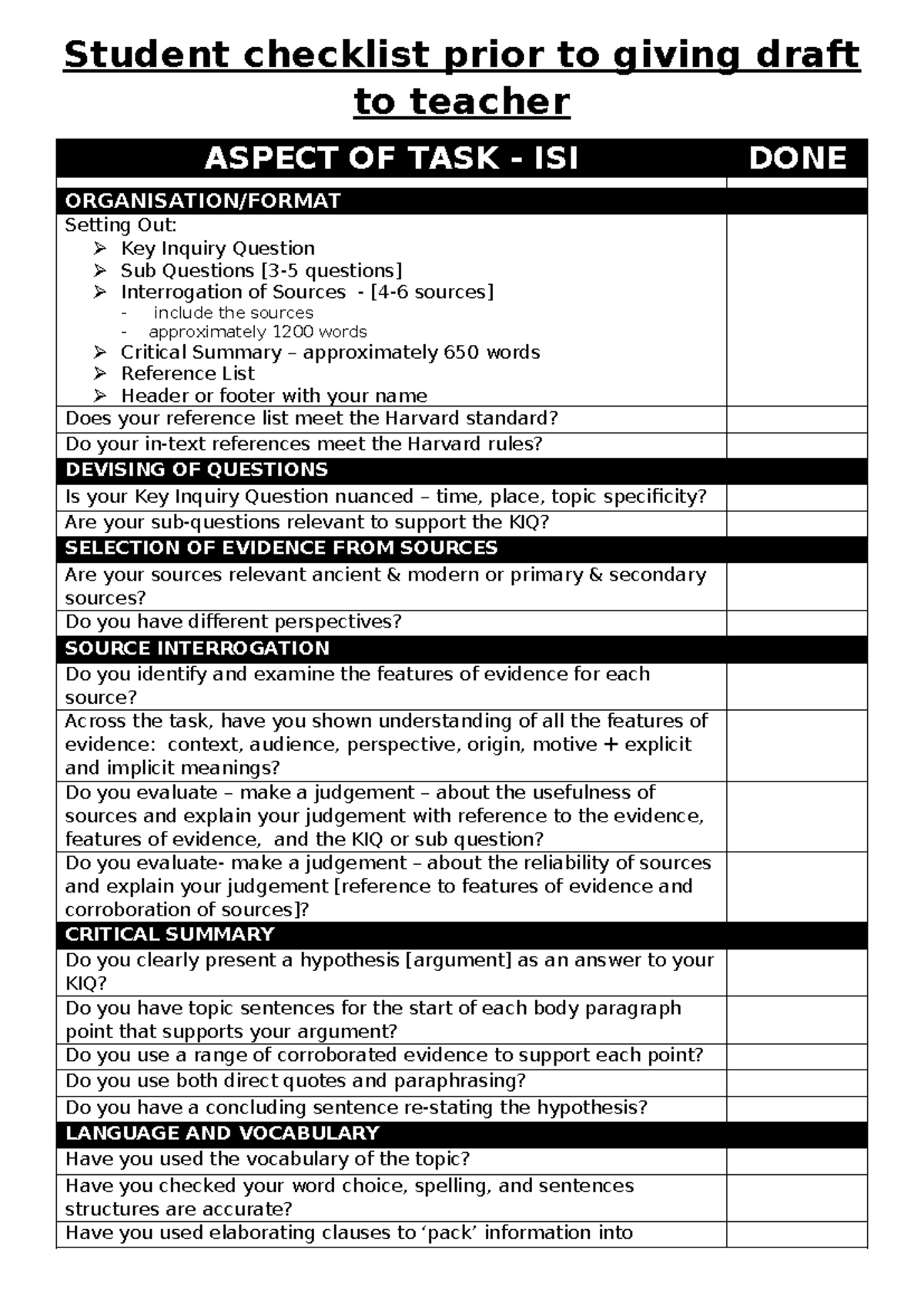 ISI - Student Checklist for Draft Submission - Studocu