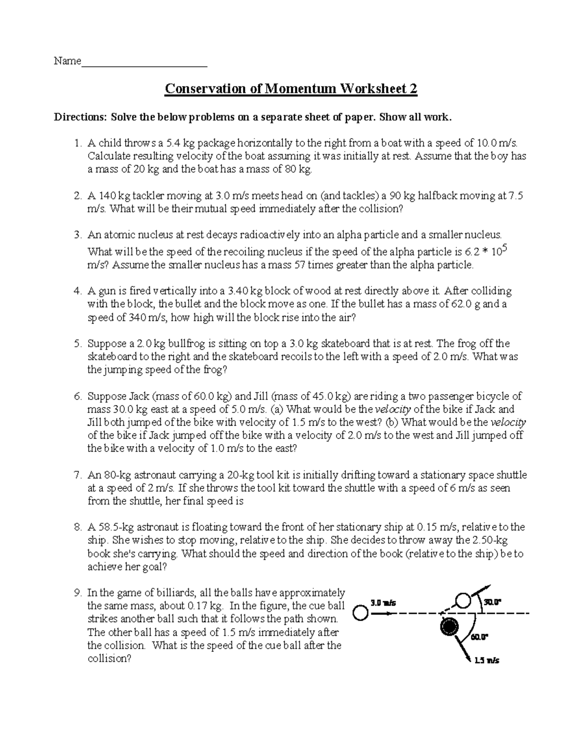 Conservation of Momentum Worksheet (WS2HH): Problem Solutions - Studocu