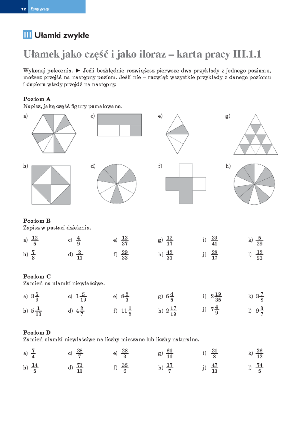 Karty pracy 5iii1 ulamek jako czesc i jako iloraz - 12 Karty pracy III ...