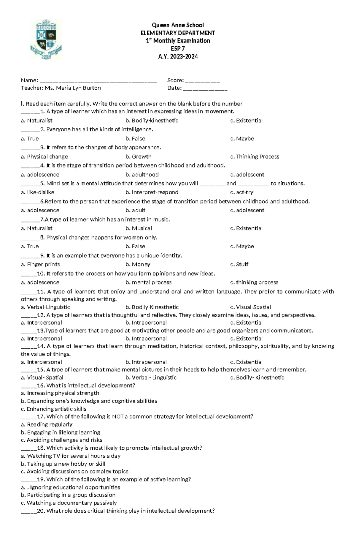 G7 ESP 7 - Monthly Exam on Multiple Intelligences & Learning Styles ...