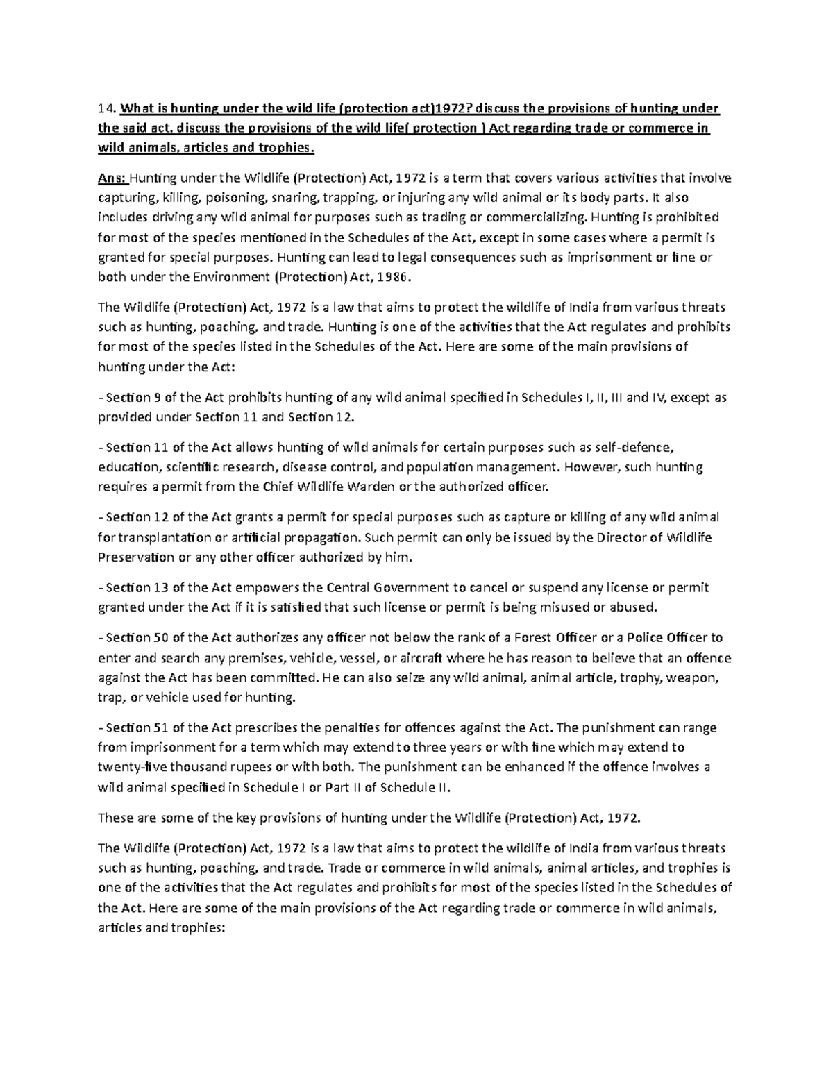 Environmental Law (EL 101) - Provisions for Hunting & Trade in Wildlife ...