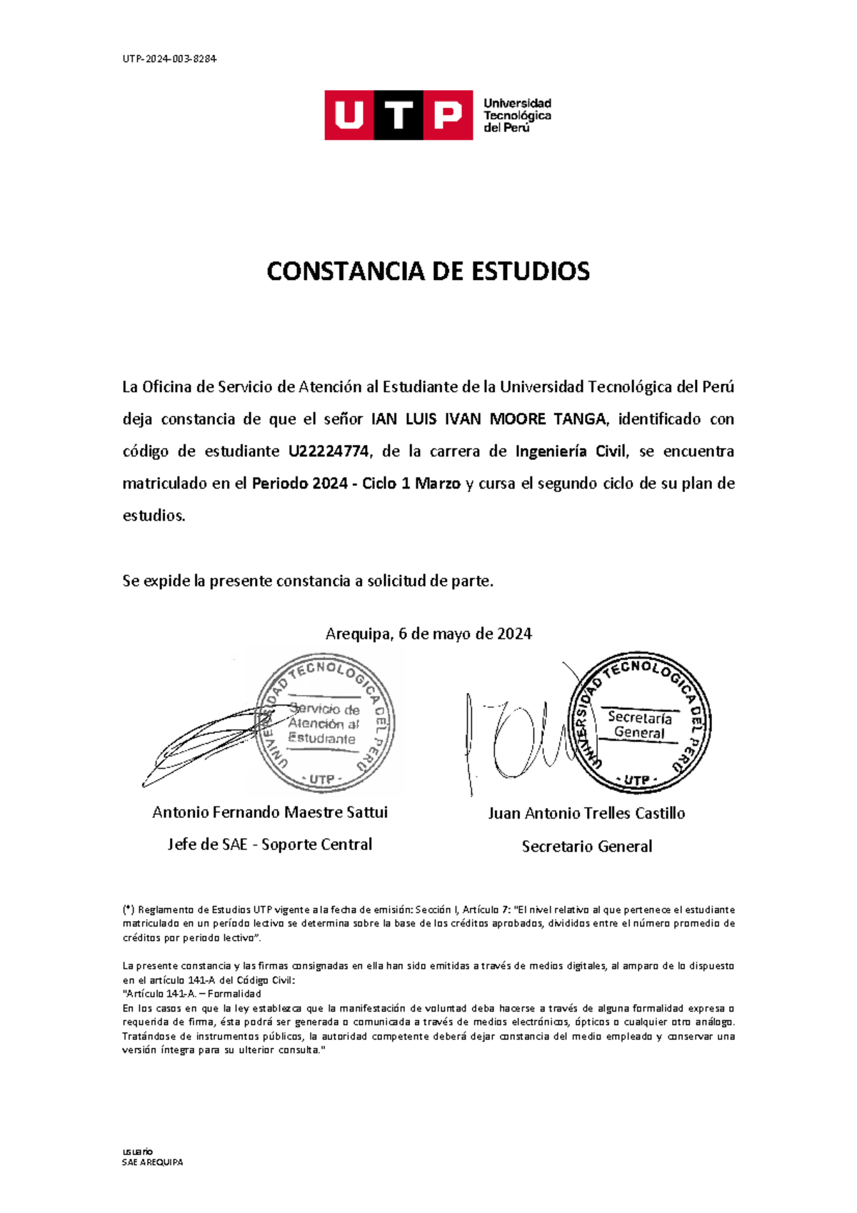Constancia de Estudios UTP - Ingenieria Civil 2024-1 - Studocu