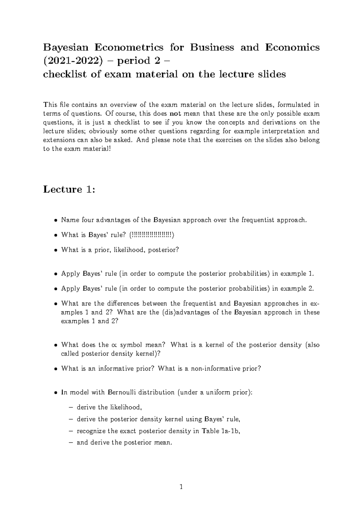 Checklist of Exam Material for Bayesian Econometrics (BUS & ECON ...
