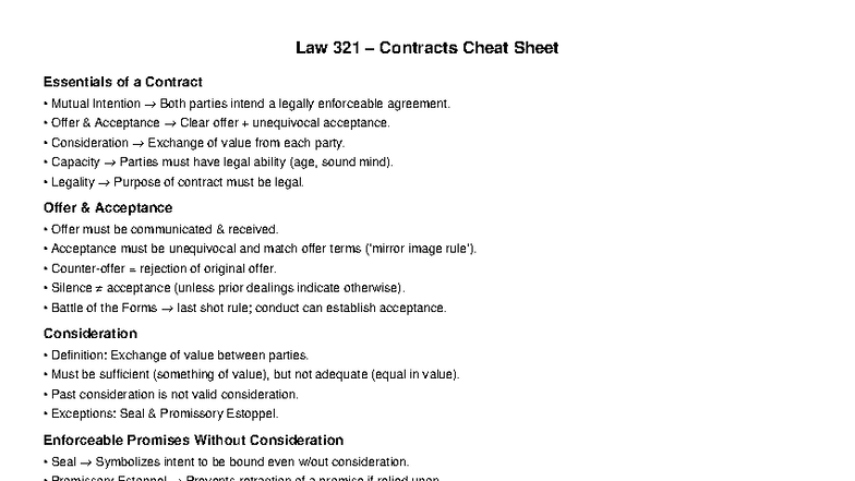 Law 321 Contracts Cheat Sheet: Key Concepts & Cases - Studocu