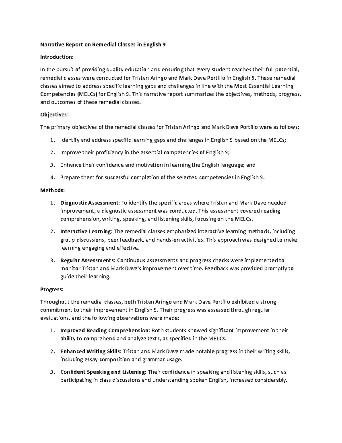 Narrative Report on Remedial Classes for English 9 by W.S. Teleg - Studocu