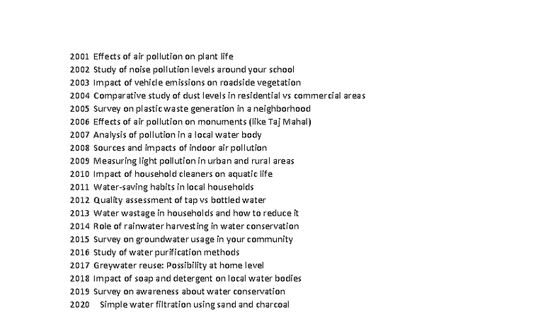 EVS Project Topics - Environmental Studies Practical Guide - Studocu