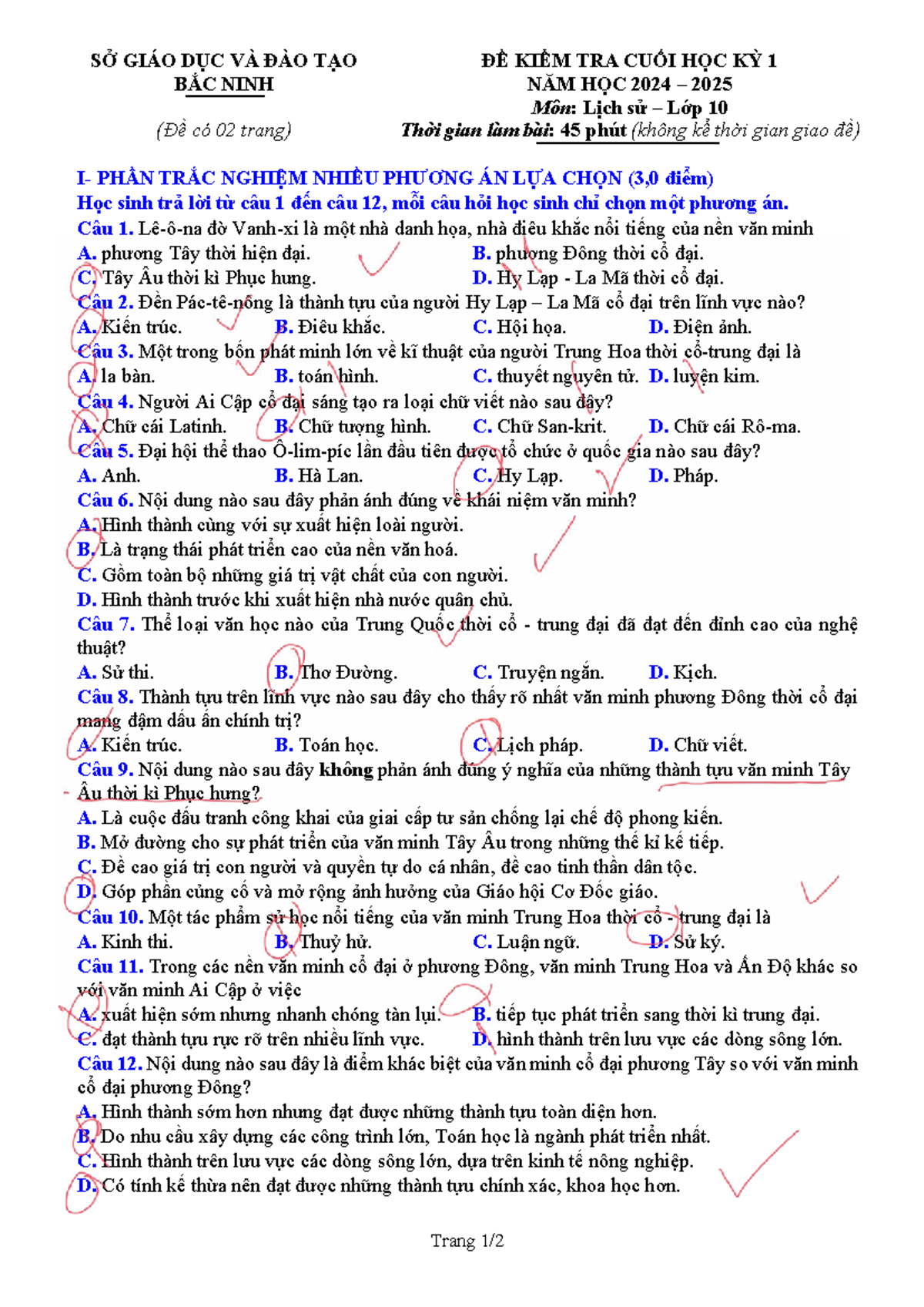 Lịch Sử 10 - Đề Kiểm Tra Cuối Học Kỳ 1 Năm Học 2024-2025 - Studocu