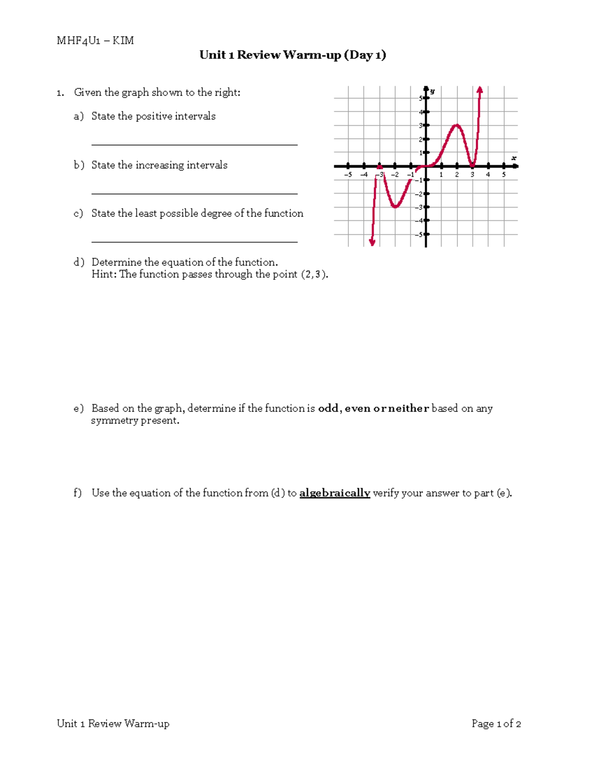 Unit 1 Polynomial Review - MHF4U1 – KIM Unit 1 Review Warm-up Page 1 of ...