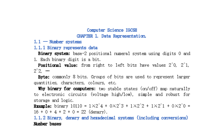 IGCSE Computer Science CHAPTER 1: Data Representation Overview - Studocu