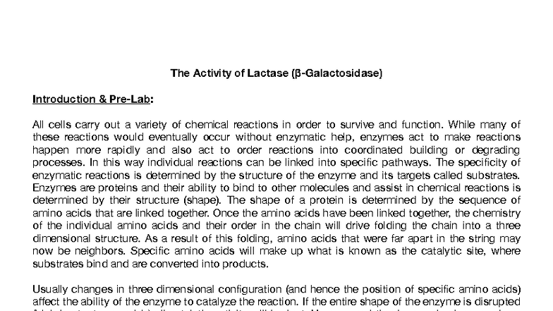 Lactase Enzyme Activity Lab (BIO 101): Effects of Concentration, pH ...
