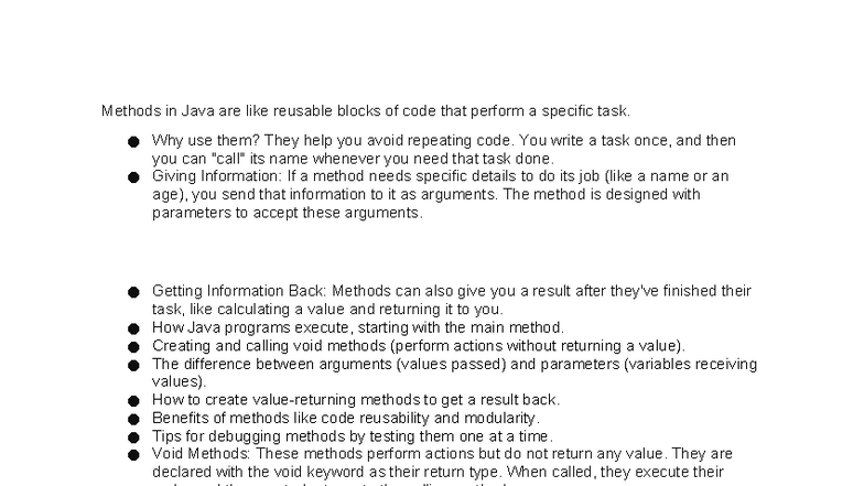 Java Methods: Understanding Parameters, Return Values, and Usage - Studocu