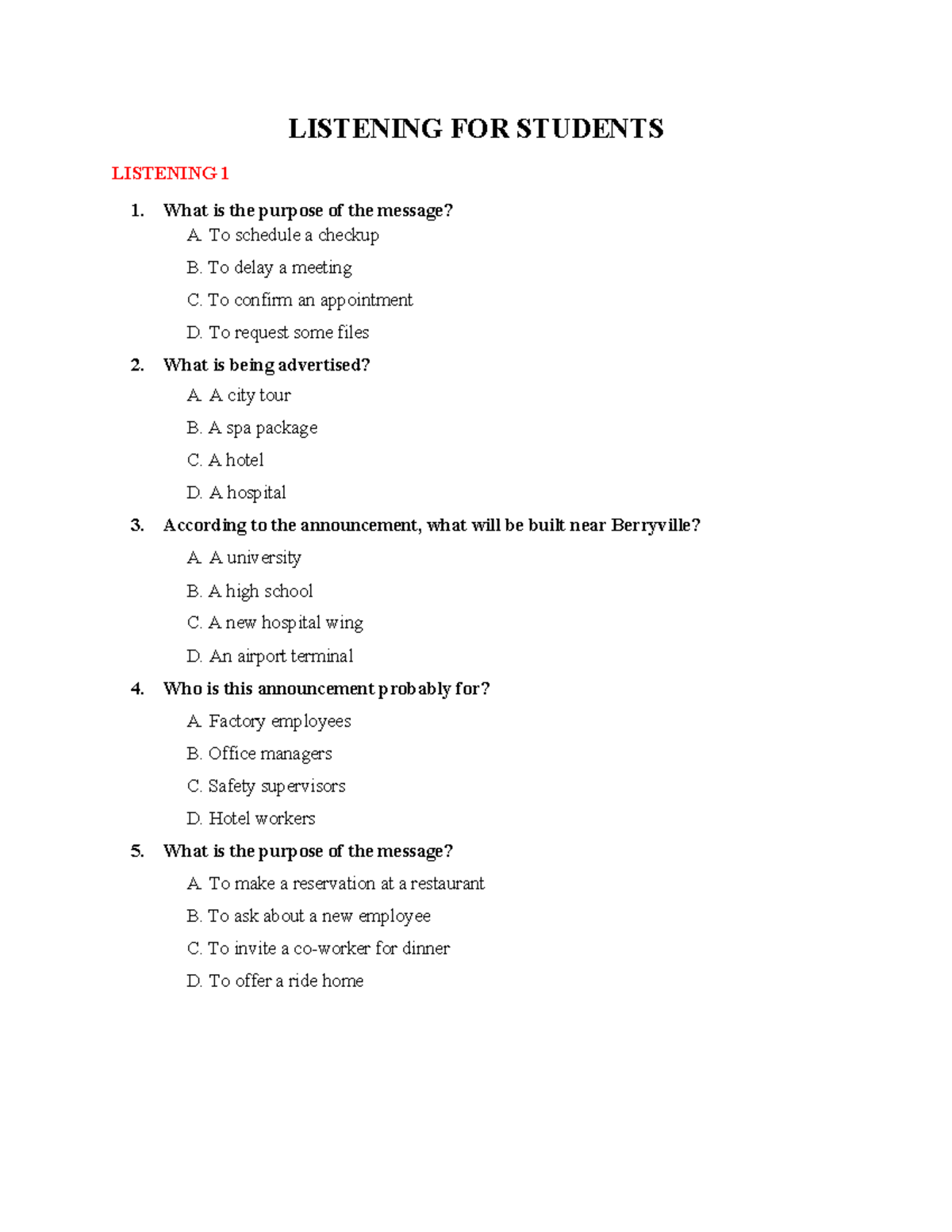 Listening Comprehension Exercises 1-3 for ESL Students - Studocu