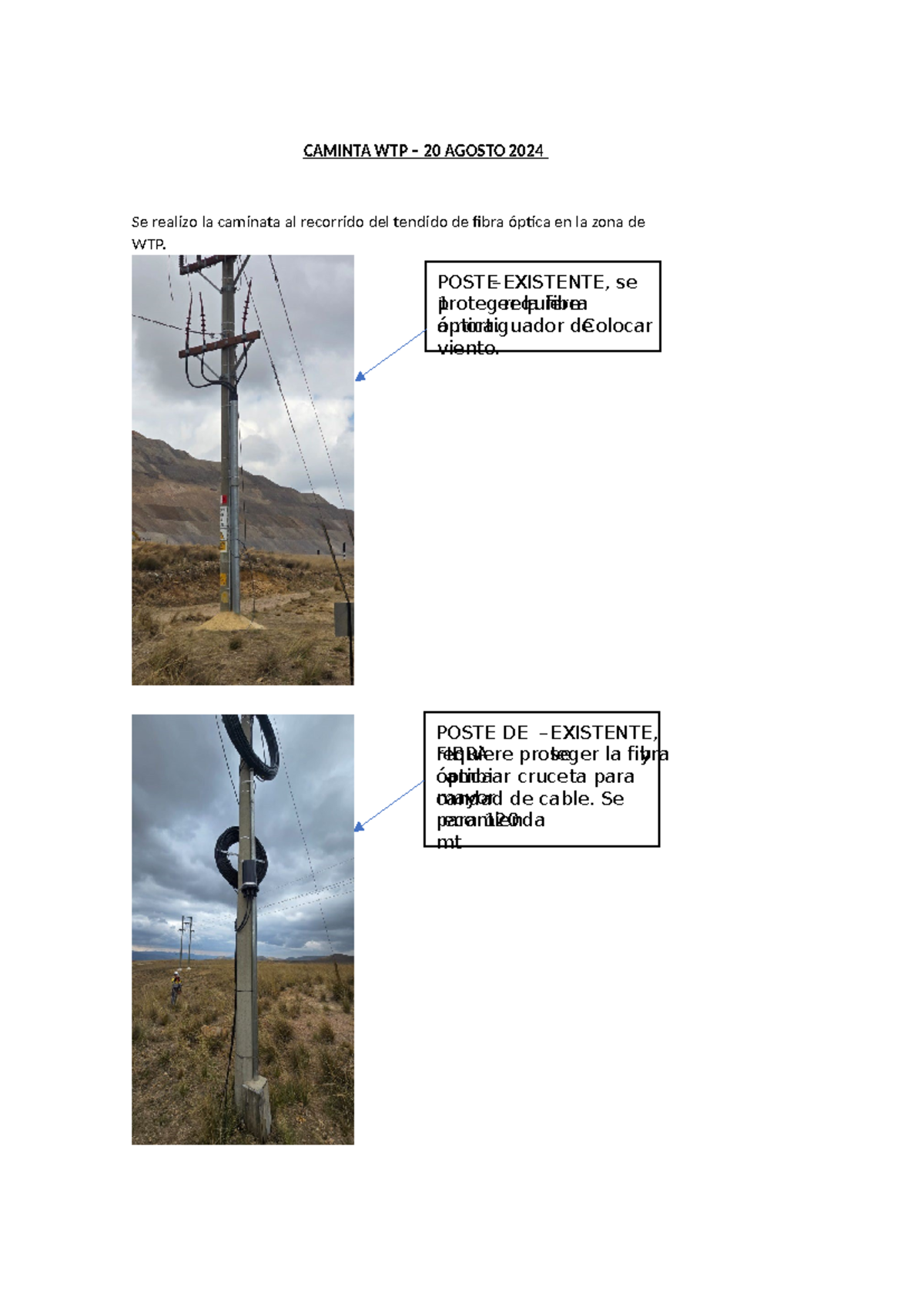 Detalle de tendio de F.O. - WTP - CAMINTA WTP – 20 AGOSTO 2024 Se ...