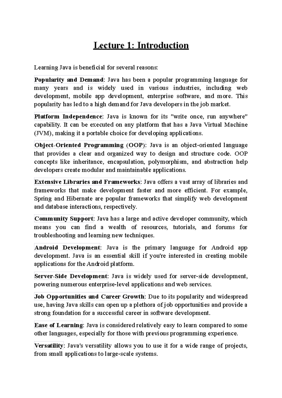 Lecture 1: Introduction to Java Programming Concepts - Studocu