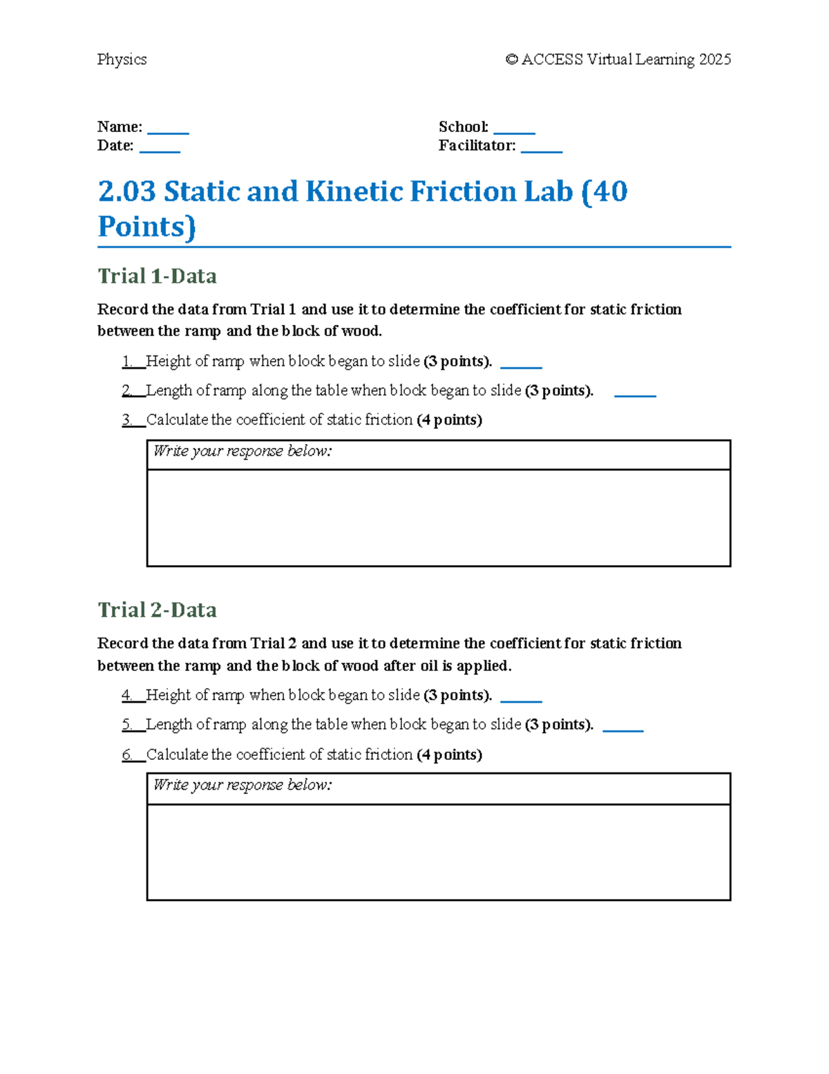 ACCESS Virtual Learning 2025: 2.03 Static & Kinetic Friction Lab - Studocu