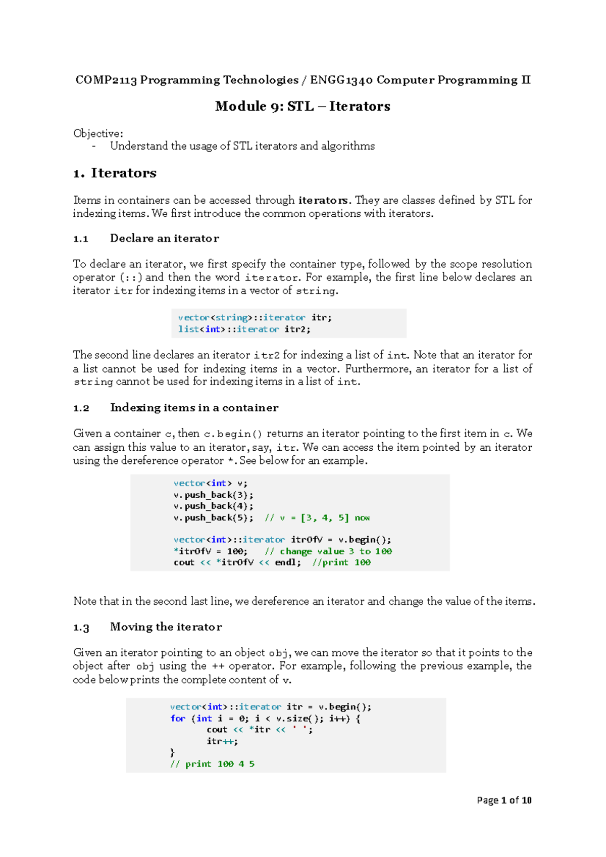 COMP2113 ENGG1340 Programming II: Module 9 - STL Iterators Overview ...