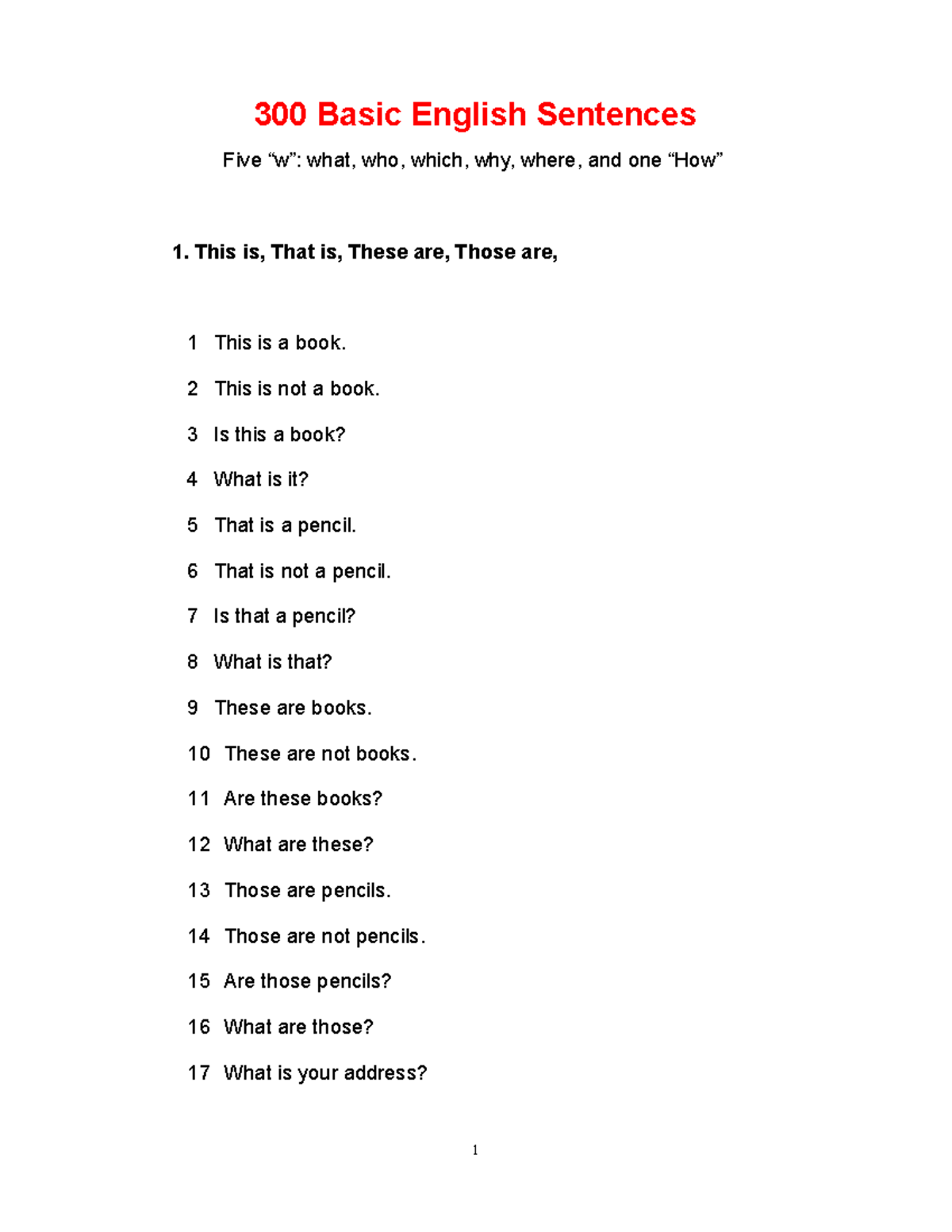 300English - english - 300 Basic English Sentences Five “w”: what, who ...