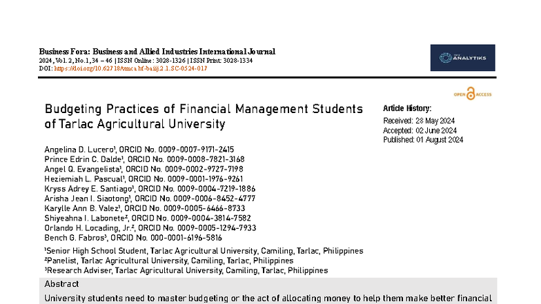 Budgeting Practices of Financial Management Students (SC 0524-017 ...