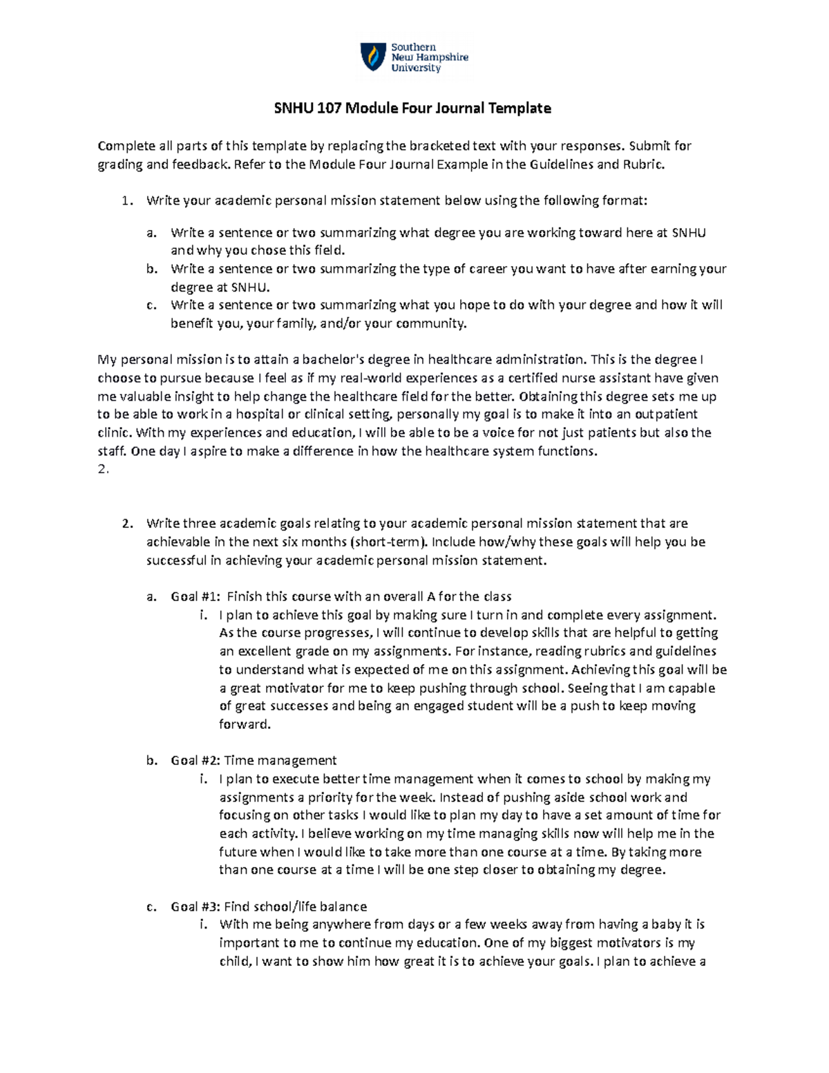 SNHU 107 Module Four Journal: Personal Mission & Academic Goals - Studocu