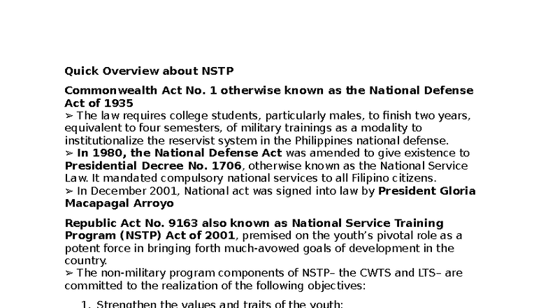 NSTP 101: Overview of the National Service Training Program - Studocu