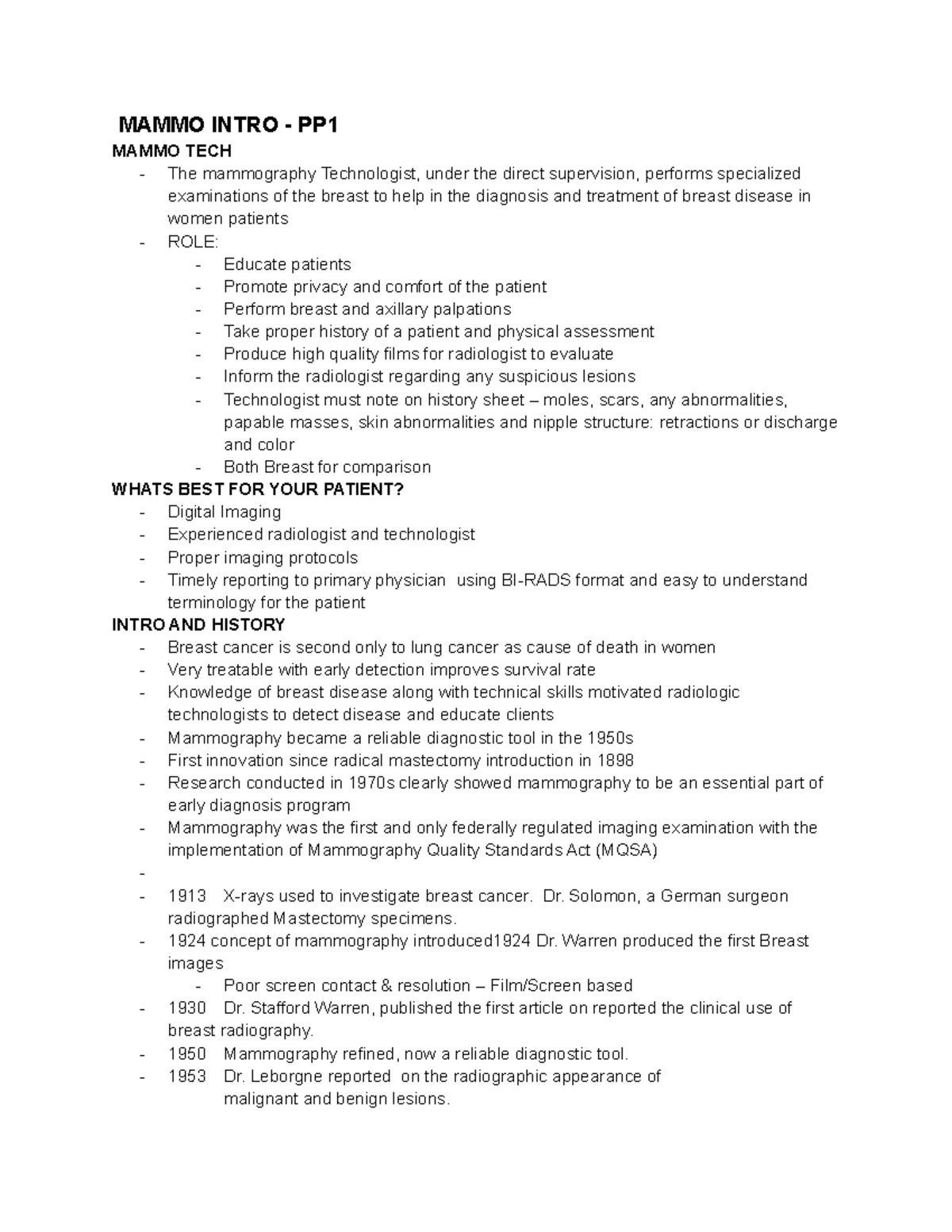 MAMMO 101: Comprehensive Final Notes for Mammography Techniques - Studocu