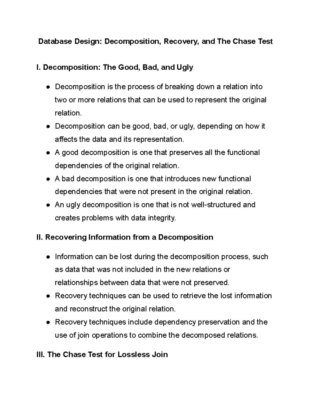 Database Design Decomposition Recovery and The Chase Test ...