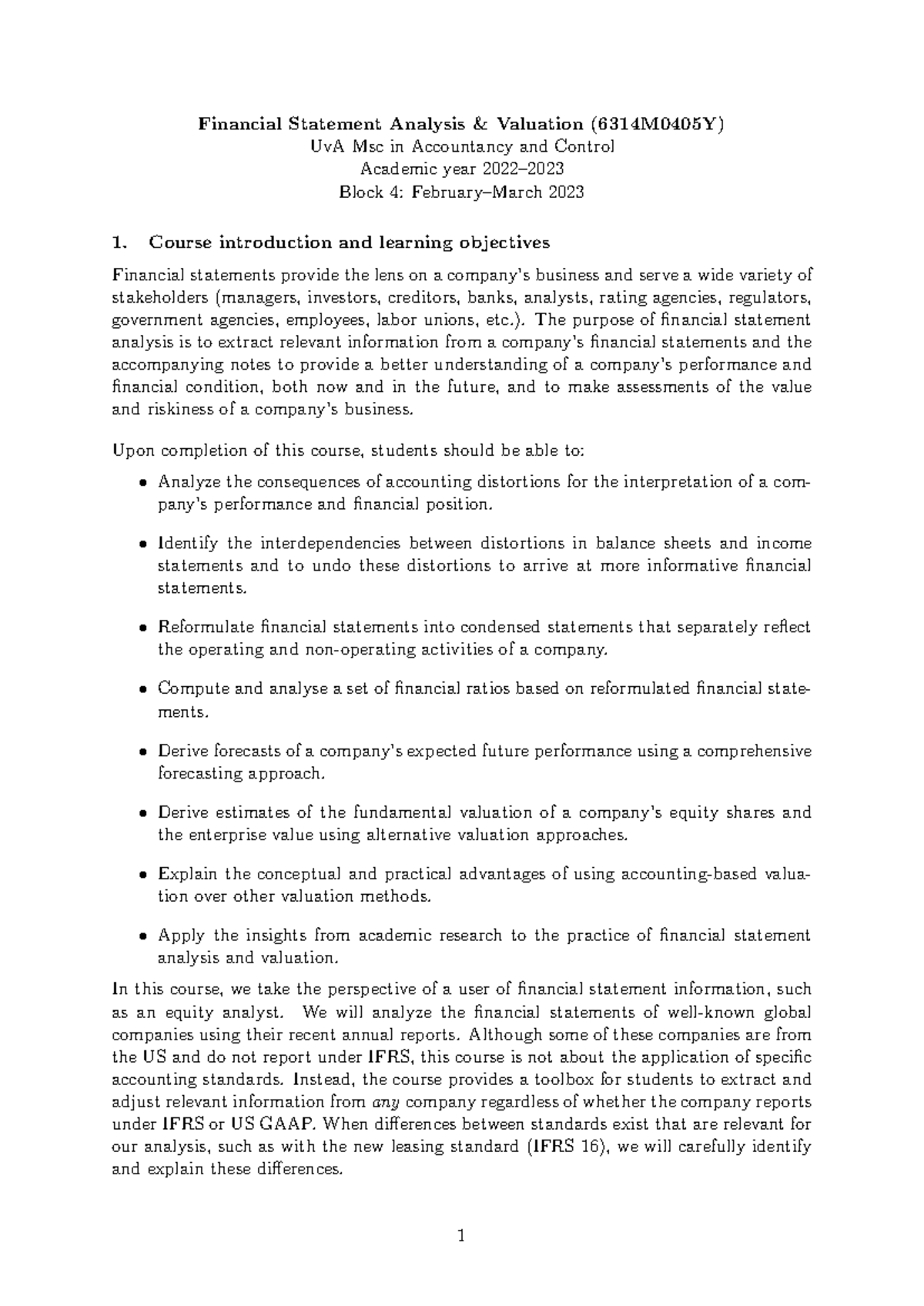 Financial Statement Analysis & Valuation Course Outline (6314M0405Y) - Studeersnel