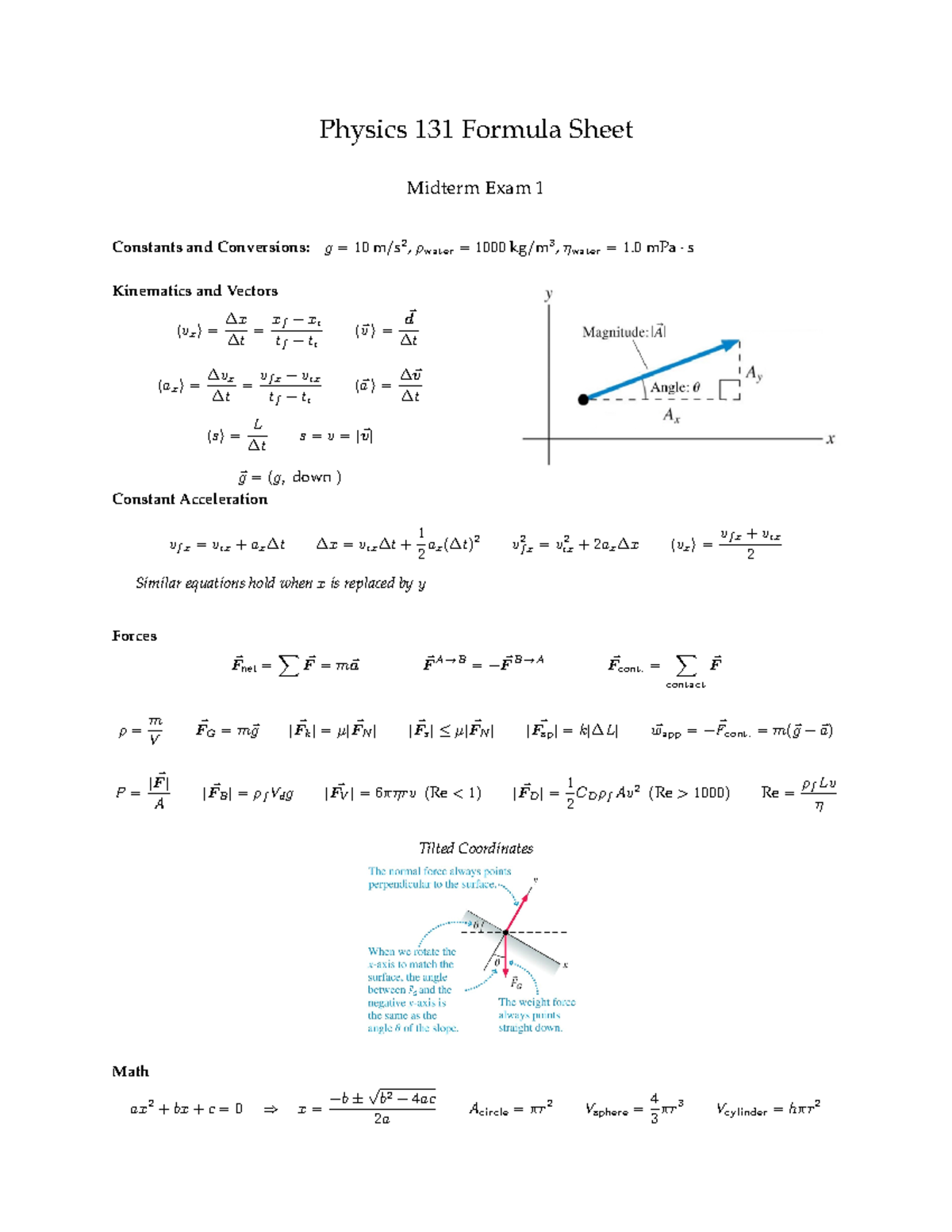 Physics 131 Midterm Exam 1 Formula Sheet and Constants - Physics 131 Formula Sheet Midterm Exam ...