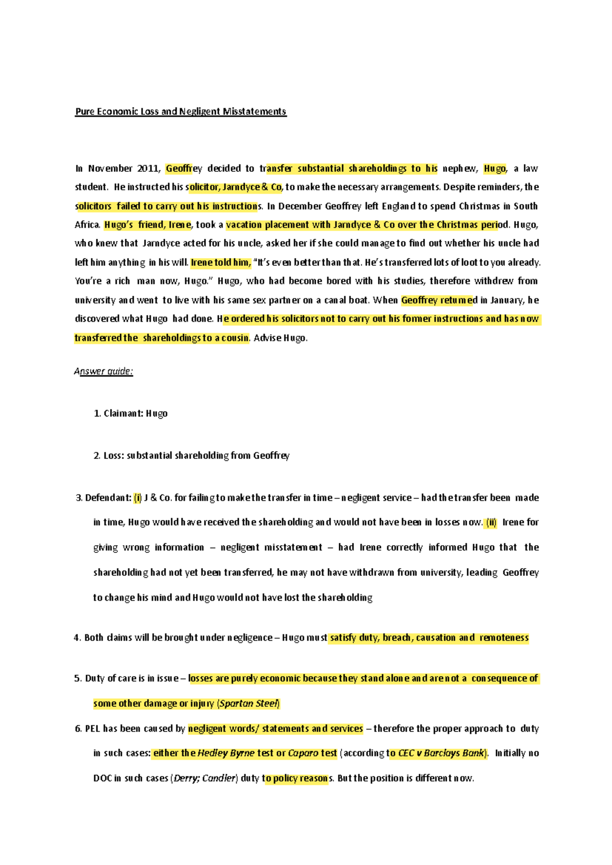 PEL Tutorial 6: Pure Economic Loss & Negligent Misstatements Analysis ...