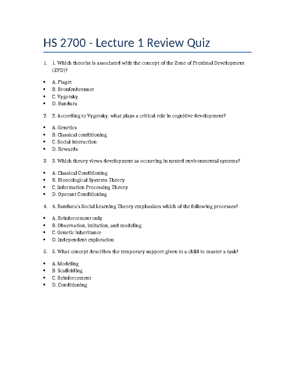 HS 2700 Lecture 1 Quiz Review: Key Theories in Development - Studocu