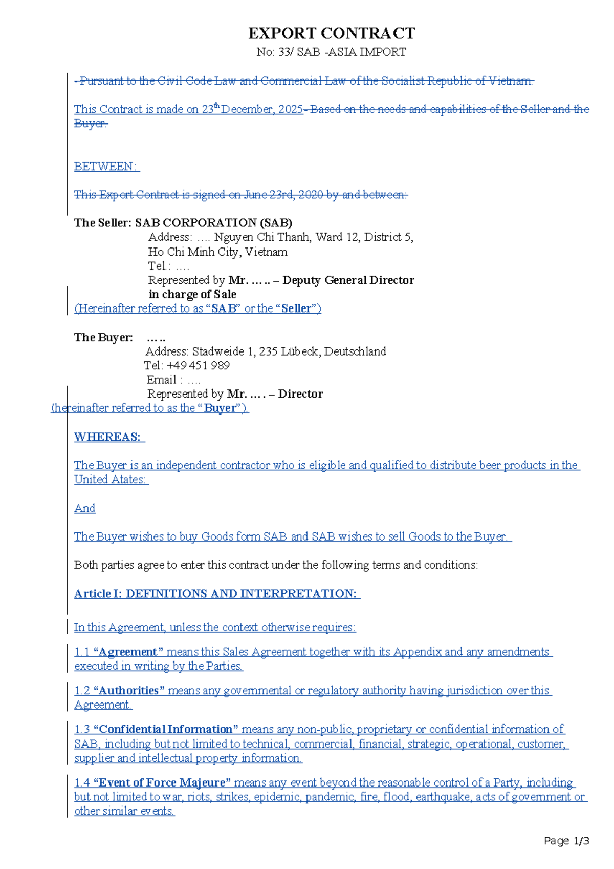 EXPORT CONTRACT No: SAB IMPORT - Beer Distribution Agreement - Studocu